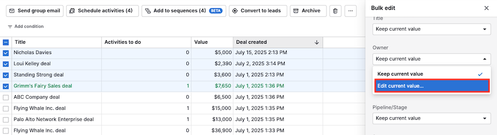 Bulk-editing and filtering - Knowledge Base | Pipedrive